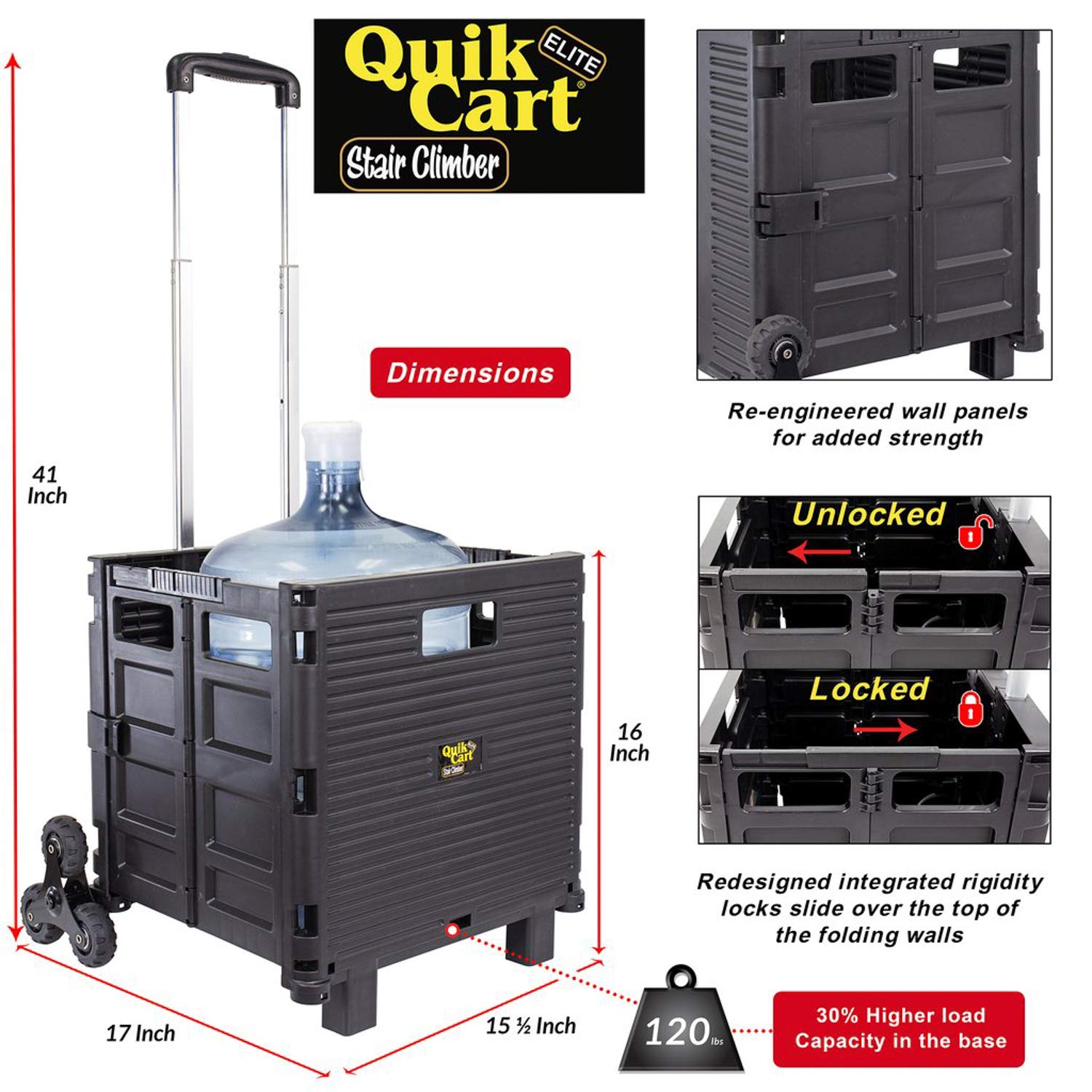 dbest products Quik Cart Elite Stair Climber Wheeled Rolling Crate Teacher Utility With seat Heavy Duty Collapsible Basket With Handle, Black