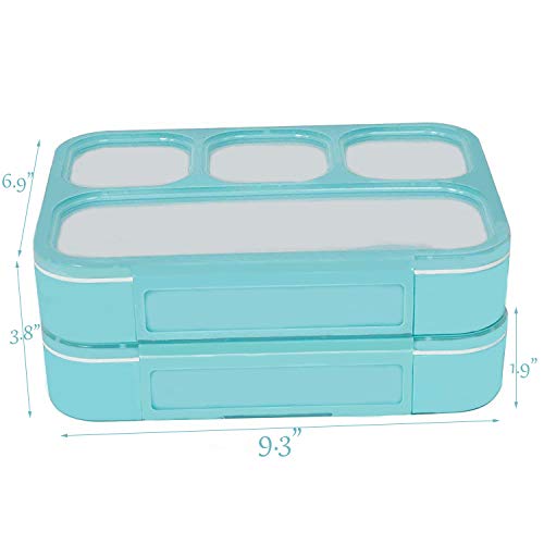 Dporticus 2 Pack Plastic Portable 4 Compartments Leak-proof Bento Lunch Box with Spoon for Adults BPA Free Microwave Safe,Blue