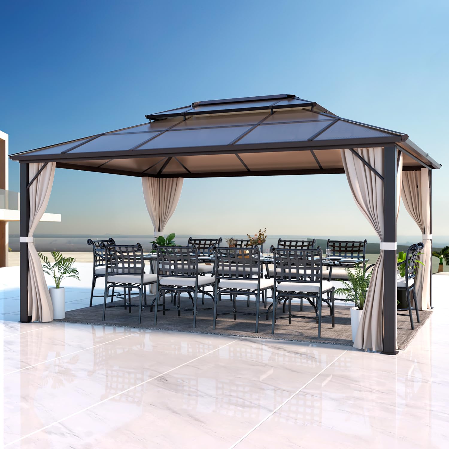 EROMMY 12' x 16' Gazebo Polycarbonate Double Roof Canopy Outdoor Aluminum Frame Pergola, Permanent Pavilion with Netting and Curtains for Garden Patio Lawns Parties