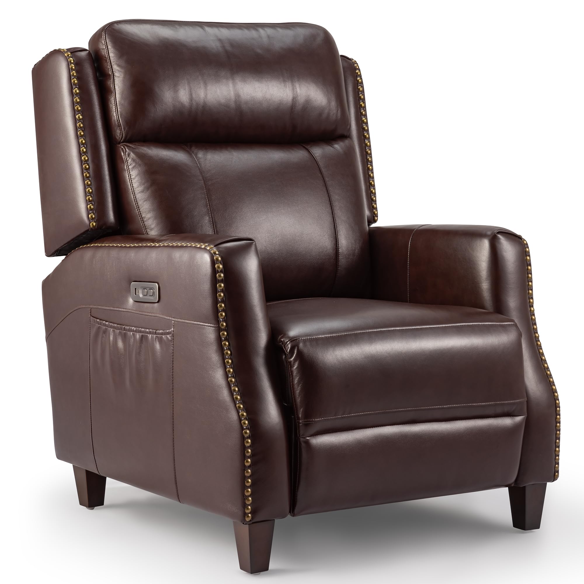 BMBMT Recliner Chair Genuine Leather 90-136°Comfy Backrest Cushion with High Elastic Sponge, Power Recliner Chair for Living Room, Home Theater, Bedroom, Office - Dark Brown