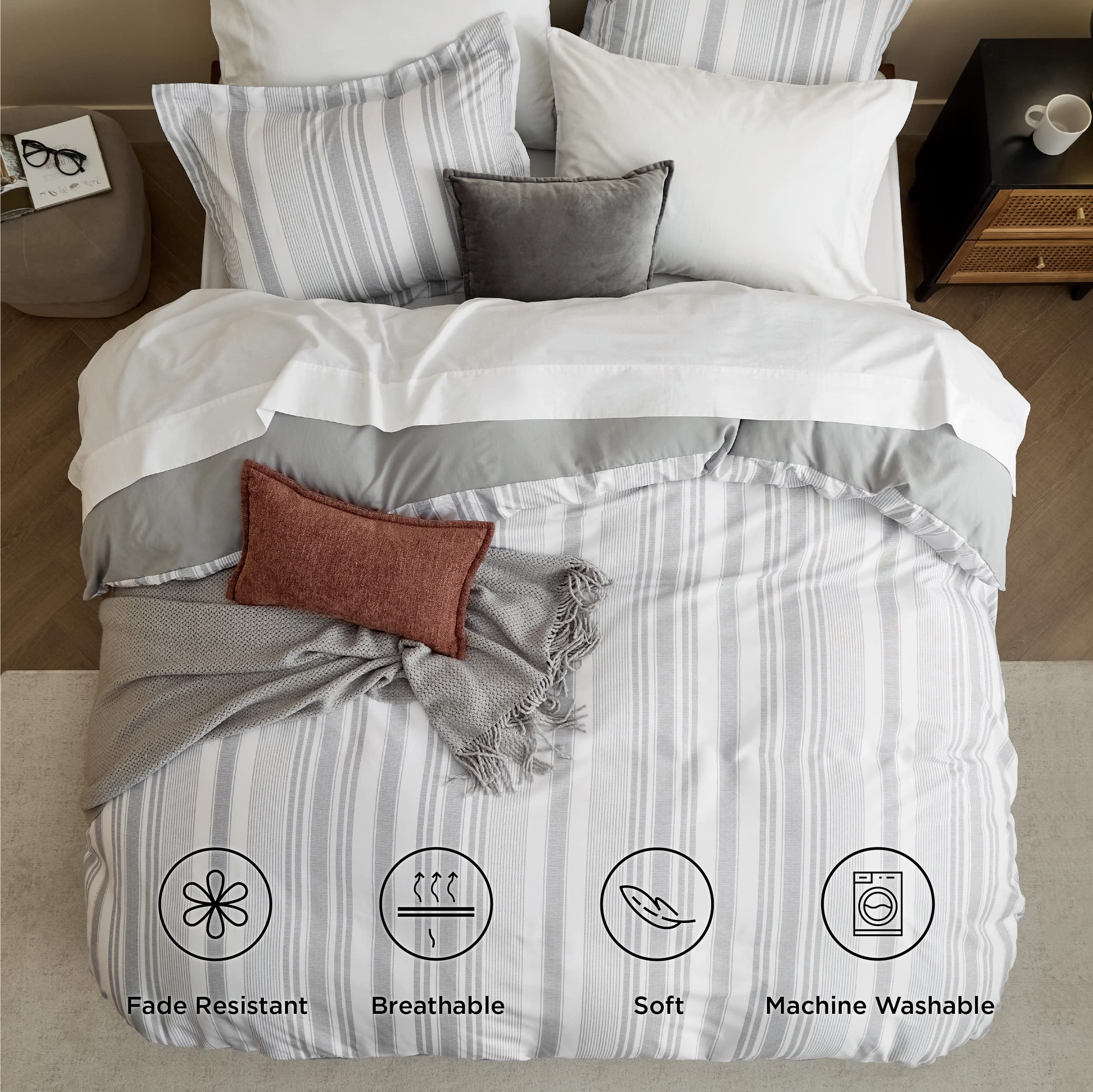 Bedsure Duvet Cover King Size - Reversible Striped Duvet Cover Set with Zipper Closure, 3 Pieces Grey Bedding Set with 8 Corner Ties and 2 Pillow Shams 20"x36"