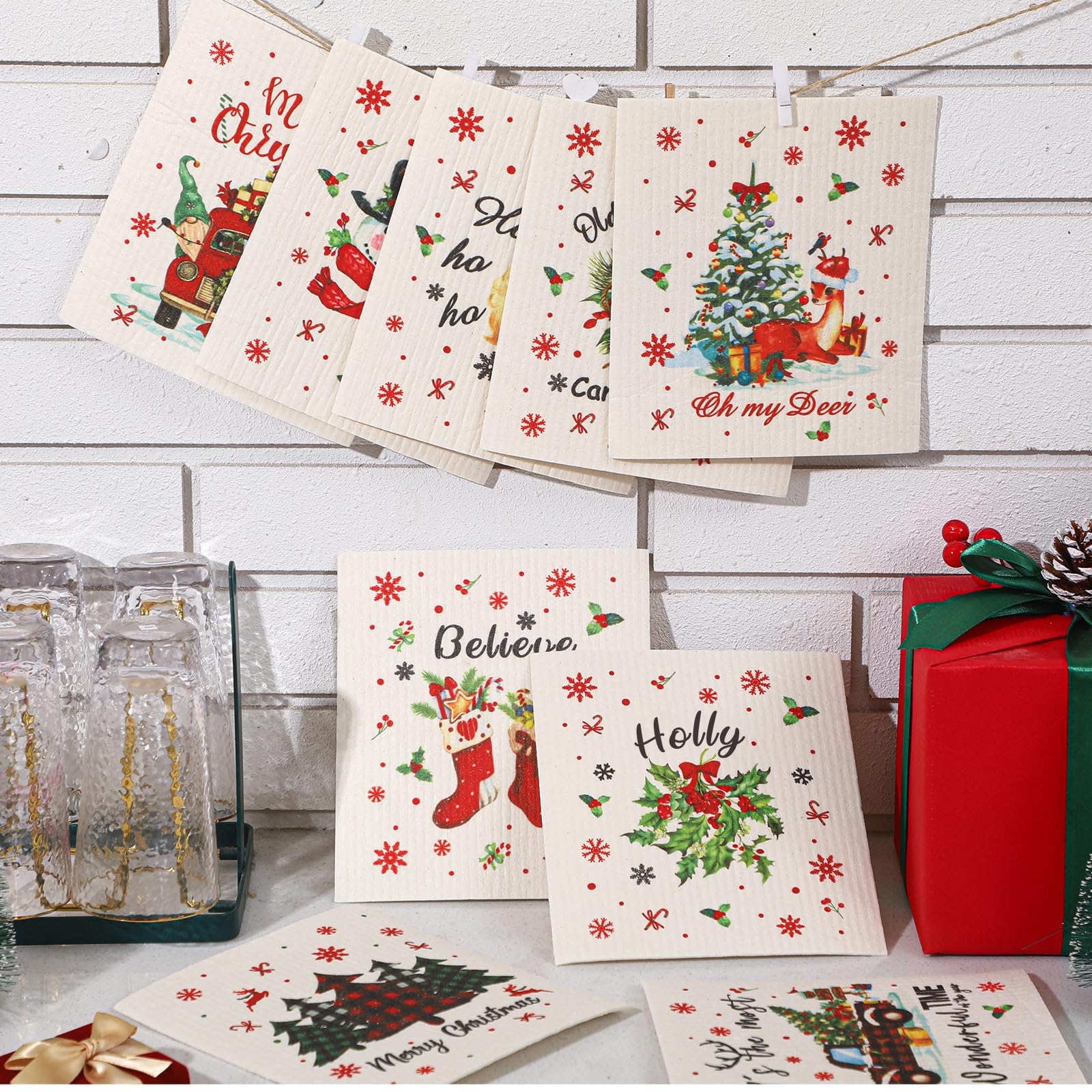 Yinder 9 Pieces Christmas Swedish Kitchen Dishcloths Reusable Swedish Cleaning Cloths Absorbent Fast Dry Kitchen Towels for Kitchen Bathroom Office Wedding Housewarming