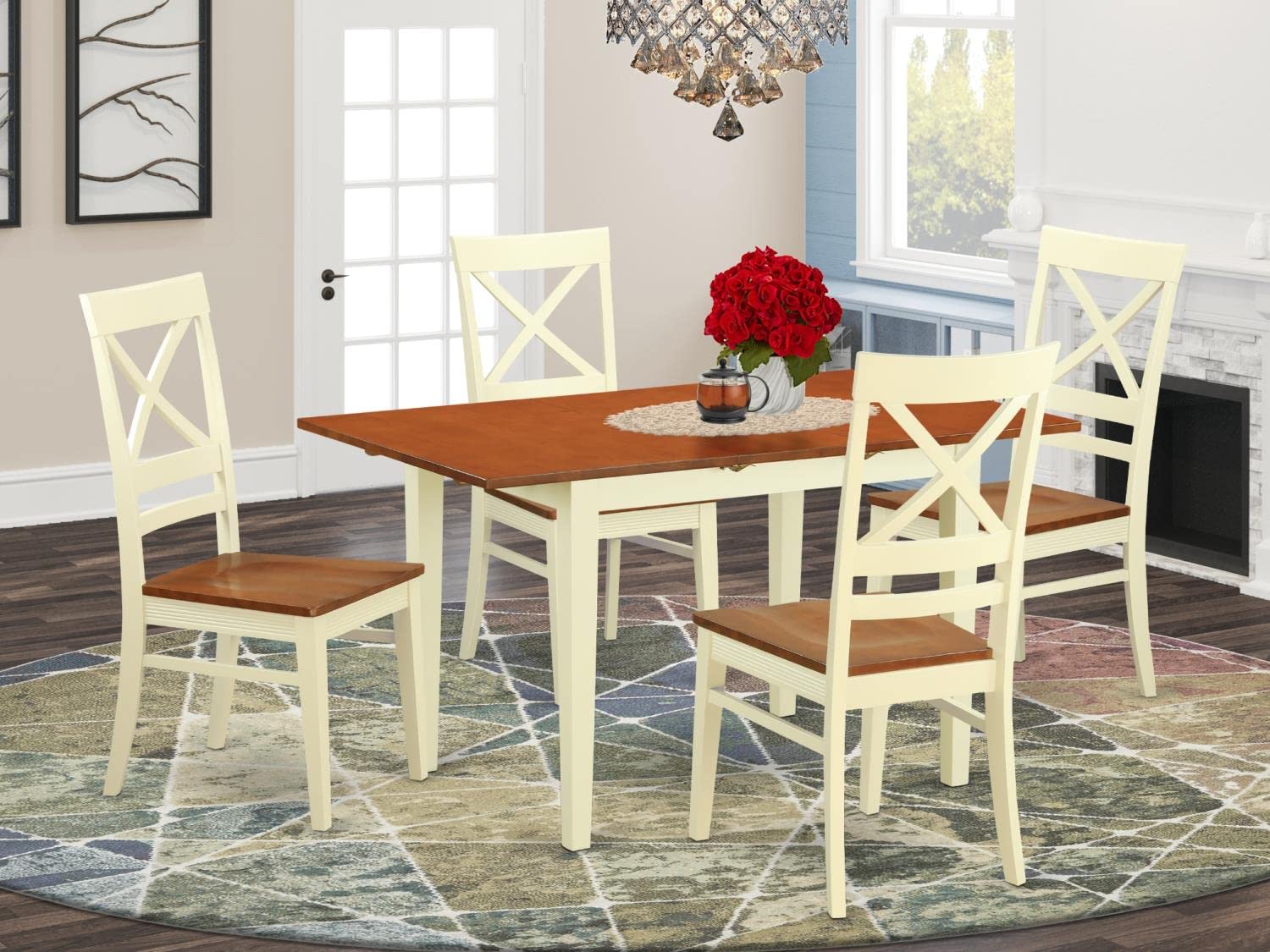 East West Furniture NOQU5-WHI-W 5 Piece Dining Set Includes a Rectangle Dining Room Table with Butterfly Leaf and 4 Wood Seat Chairs, 32x54 Inch, Buttermilk & Cherry