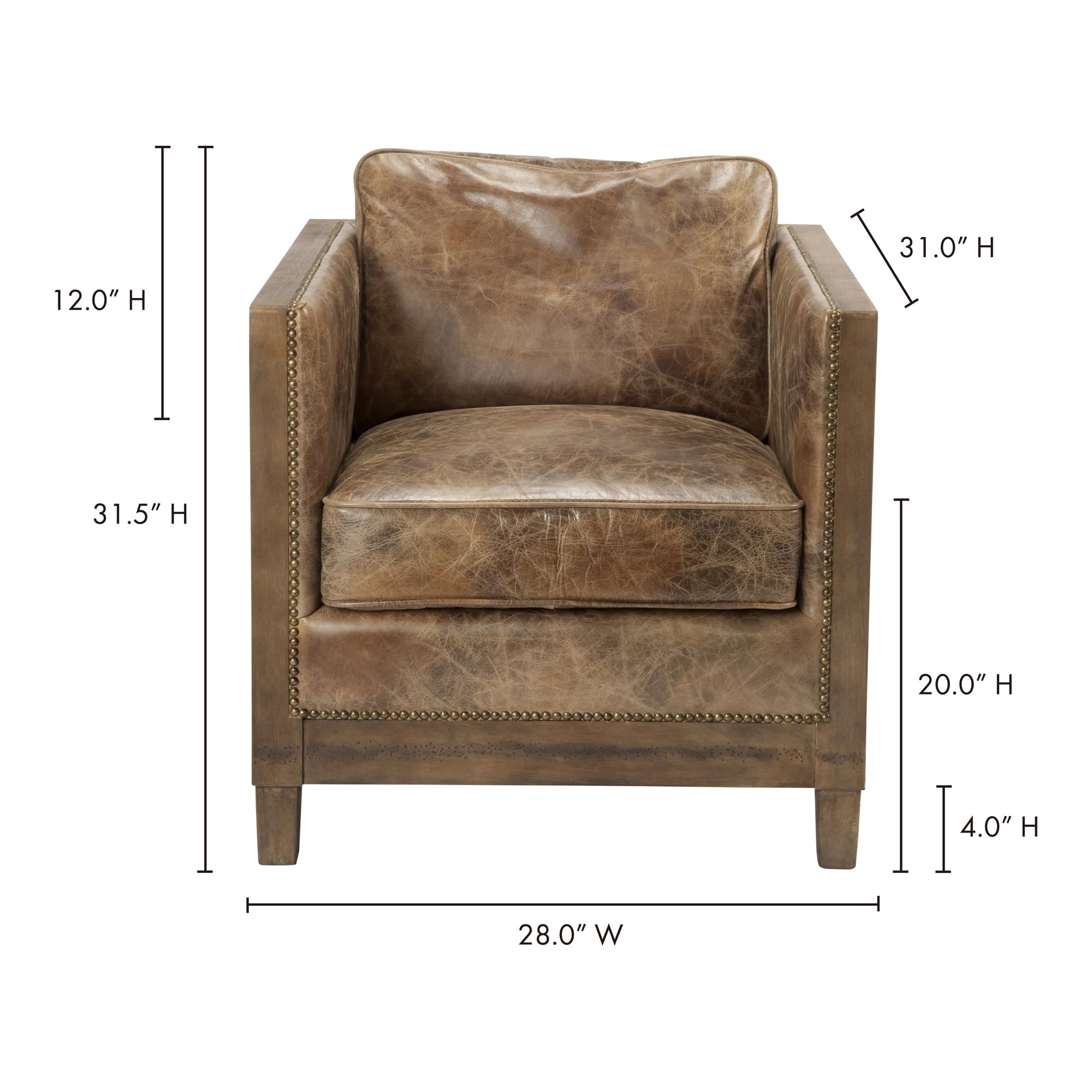 NADAAL STUDIOS Kael - Club Chair with Solid Rubberwood Frame and Genuine Leather in Brown
