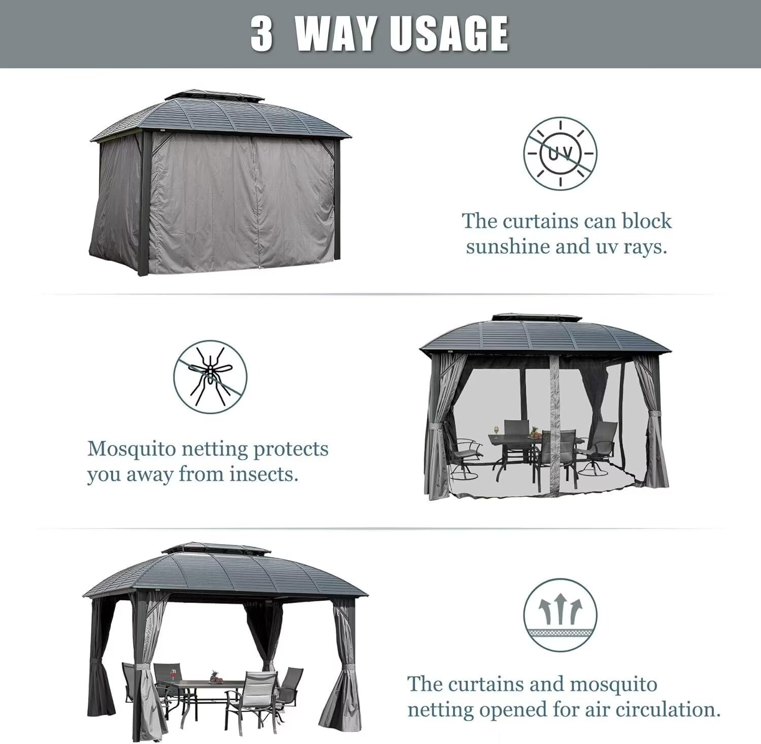 Domi 10'x12' Hardtop Gazebo Arc Canopy,Outdoor Aluminum Gazebo with Galvanized Steel Double Roof,Curtain and Netting,Permanent Gazebos Pavilion for Patio Deck,Backyard,Gray