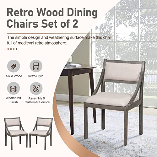 KoiHome 2pc Retro, Upholstered Solid Wood Legs and Frame, Set of 2 Chairs with Armrest and Seat Cushions for Kitchen, Restaurant, Dining Room (Gray)