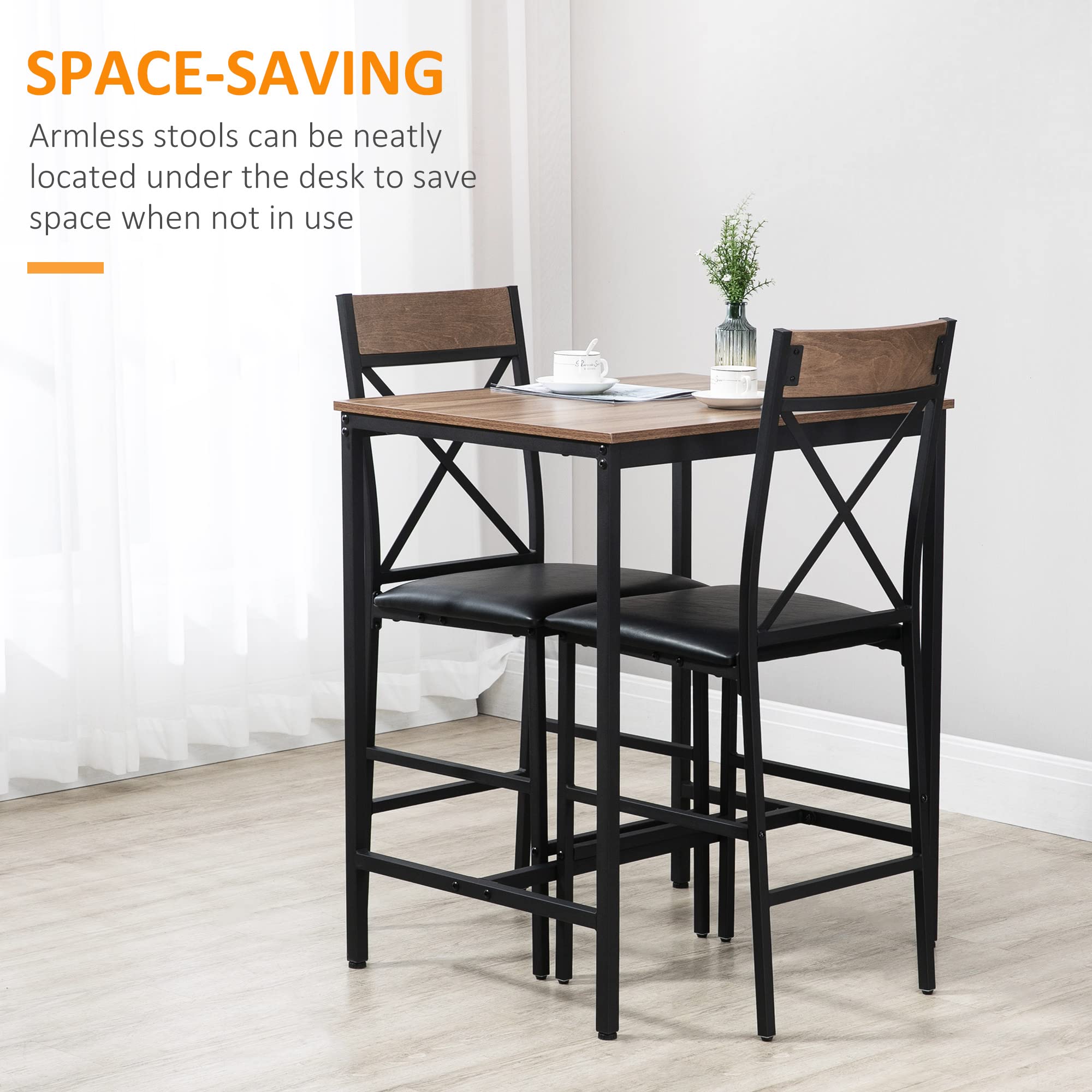 HOMCOM 3 Piece Bar Table and Chairs Set, Dining Table Set with PU Padded Stools and Steel Frame for Kitchen, Small Spaces, Brown