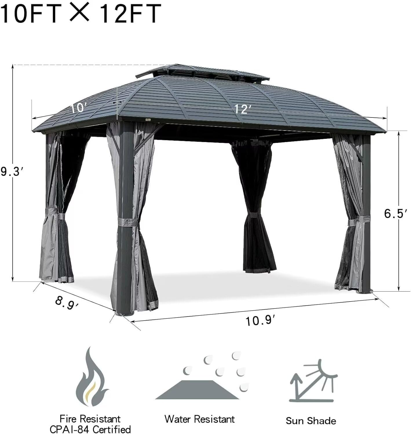 Domi 10'x12' Hardtop Gazebo Arc Canopy,Outdoor Aluminum Gazebo with Galvanized Steel Double Roof,Curtain and Netting,Permanent Gazebos Pavilion for Patio Deck,Backyard,Gray