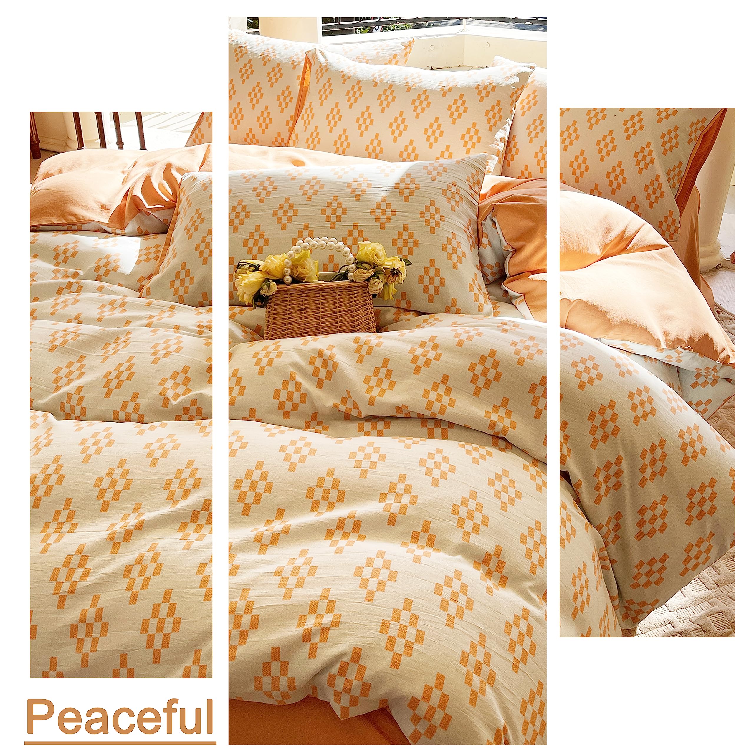 Doimier Duvet Cover Queen Boho, 4 PCS Vintage Bedding Sets, Gingham Patterned Comforter Covers Set with Zipper Closure, Soft Breathable Geometric Orange Rhombus (Diamond Grid, Queen)