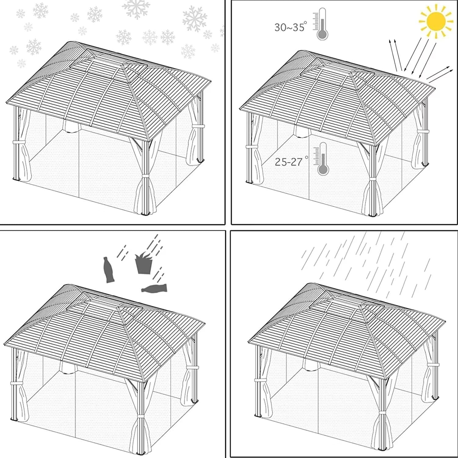 Domi 10'x12' Hardtop Gazebo Arc Canopy,Outdoor Aluminum Gazebo with Galvanized Steel Double Roof,Curtain and Netting,Permanent Gazebos Pavilion for Patio Deck,Backyard,Gray