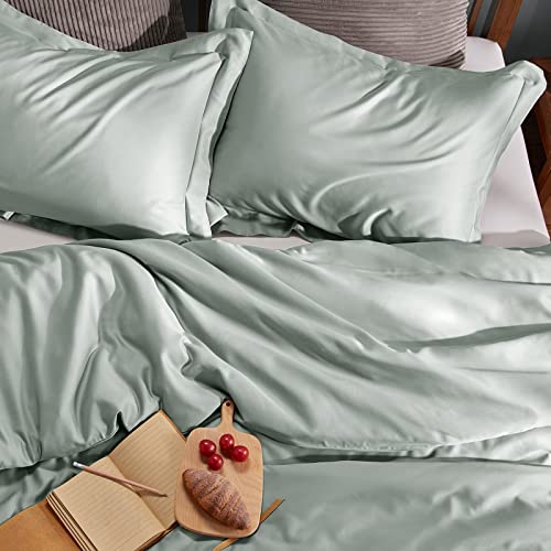 Cooling Duvet Cover Set Rayon derived from Bamboo, Queen Size Silky Green 3PCS 300TC Luxury Comforter Cover 90" x 90", Oeko-Tex Cooling Duvet Covers with Zipper Closure and Corner Ties