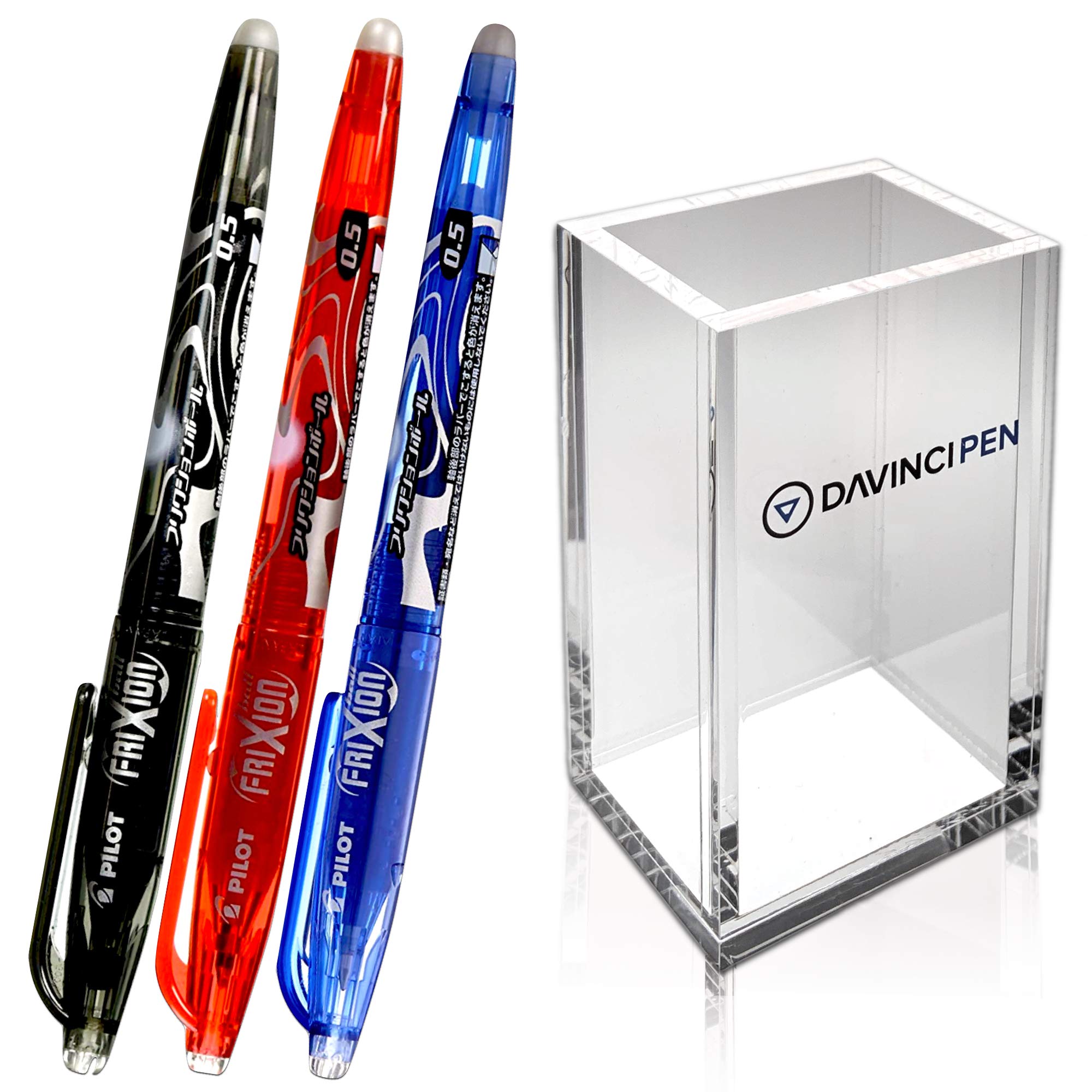 Pilot frixion erasable pens 0.5mm Gel Ink Ballpoint Pens Fine Point Black, Red, Blue ink Pack of 3 with DAVINCIPEN Acrylic Pen Holder