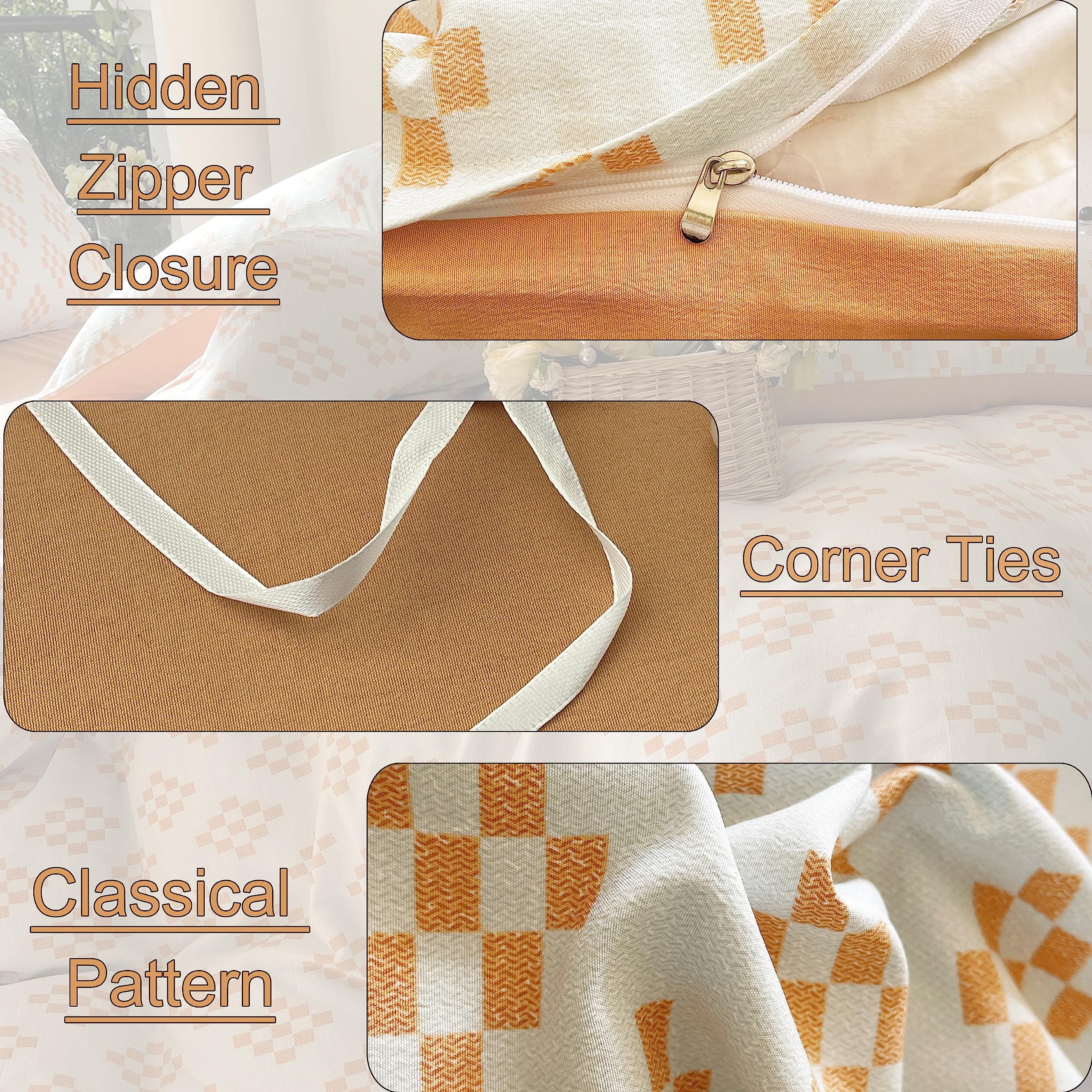 Doimier Duvet Cover Queen Boho, 4 PCS Vintage Bedding Sets, Gingham Patterned Comforter Covers Set with Zipper Closure, Soft Breathable Geometric Orange Rhombus (Diamond Grid, Queen)