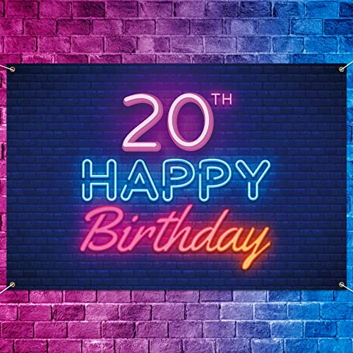 5665 Glow Neon Happy 20th Birthday Backdrop Banner Decor Black – Colorful Glowing 20 Years Old Birthday Party Theme Decorations for Boys Girls Supplies