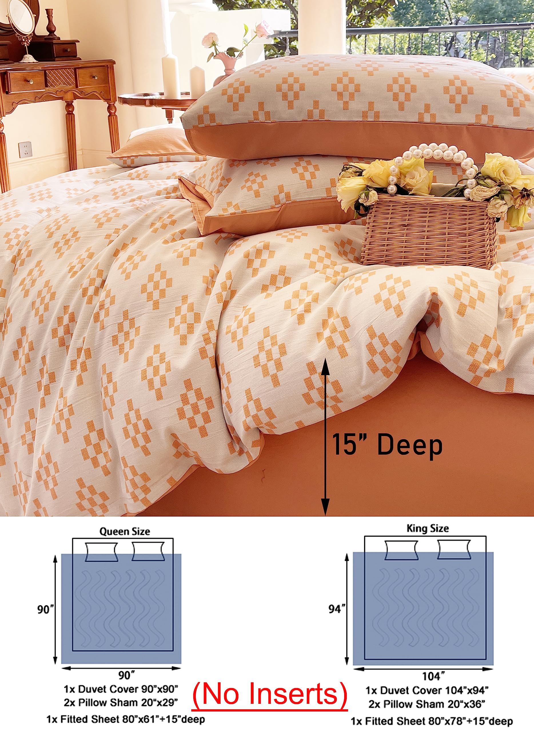 Doimier Duvet Cover Queen Boho, 4 PCS Vintage Bedding Sets, Gingham Patterned Comforter Covers Set with Zipper Closure, Soft Breathable Geometric Orange Rhombus (Diamond Grid, Queen)