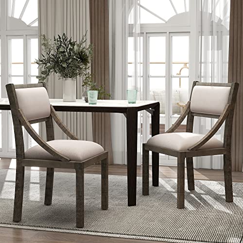 KoiHome 2pc Retro, Upholstered Solid Wood Legs and Frame, Set of 2 Chairs with Armrest and Seat Cushions for Kitchen, Restaurant, Dining Room (Gray)