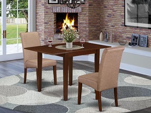 East West Furniture NDBA3-MAH-18 3 Piece Kitchen Table Set Contains a Rectangle Dining Room Table with Dropleaf and 2 Brown Linen Linen Fabric Parson Dining Chairs, 30x48 Inch, Mahogany