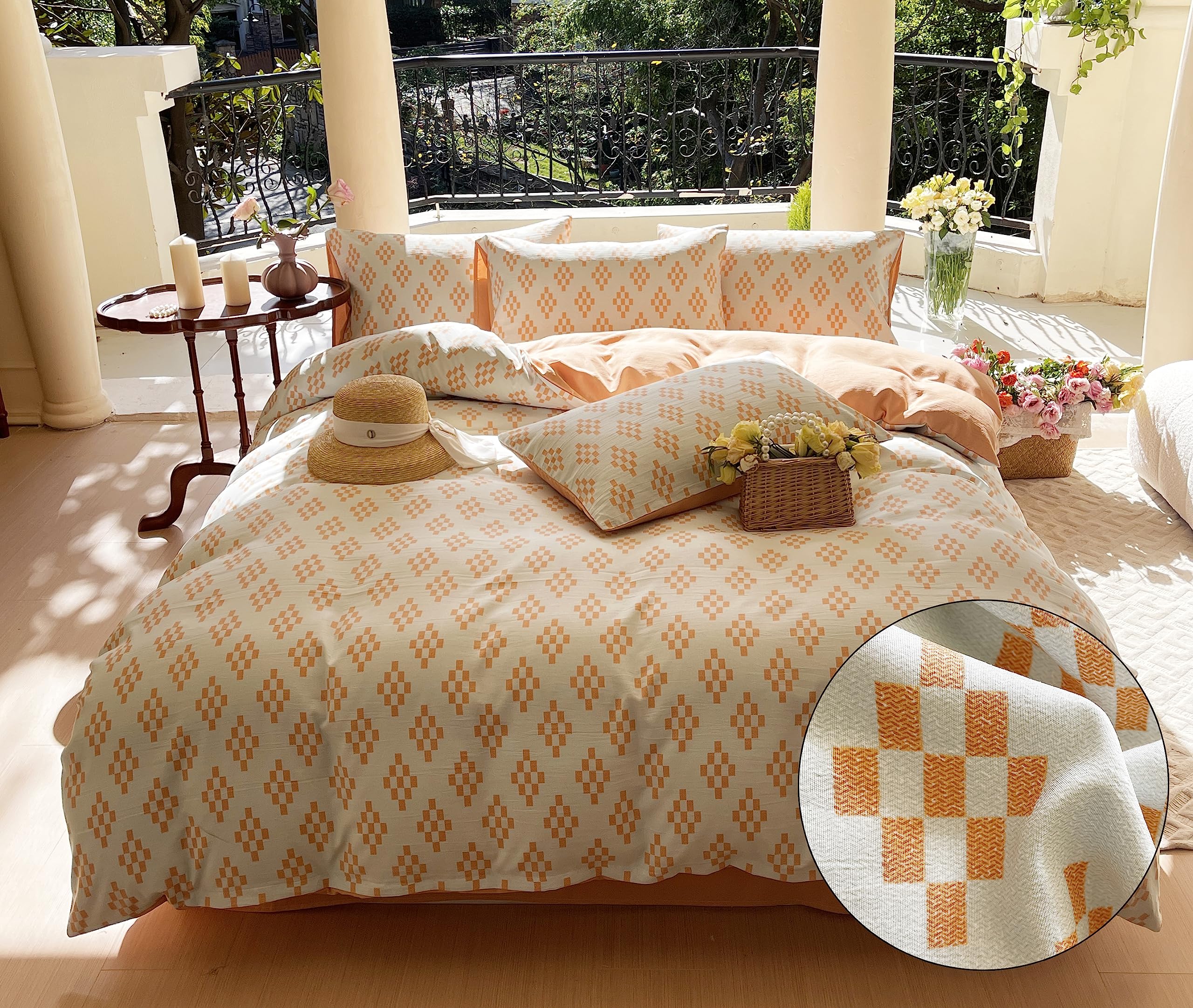 Doimier Duvet Cover Queen Boho, 4 PCS Vintage Bedding Sets, Gingham Patterned Comforter Covers Set with Zipper Closure, Soft Breathable Geometric Orange Rhombus (Diamond Grid, Queen)
