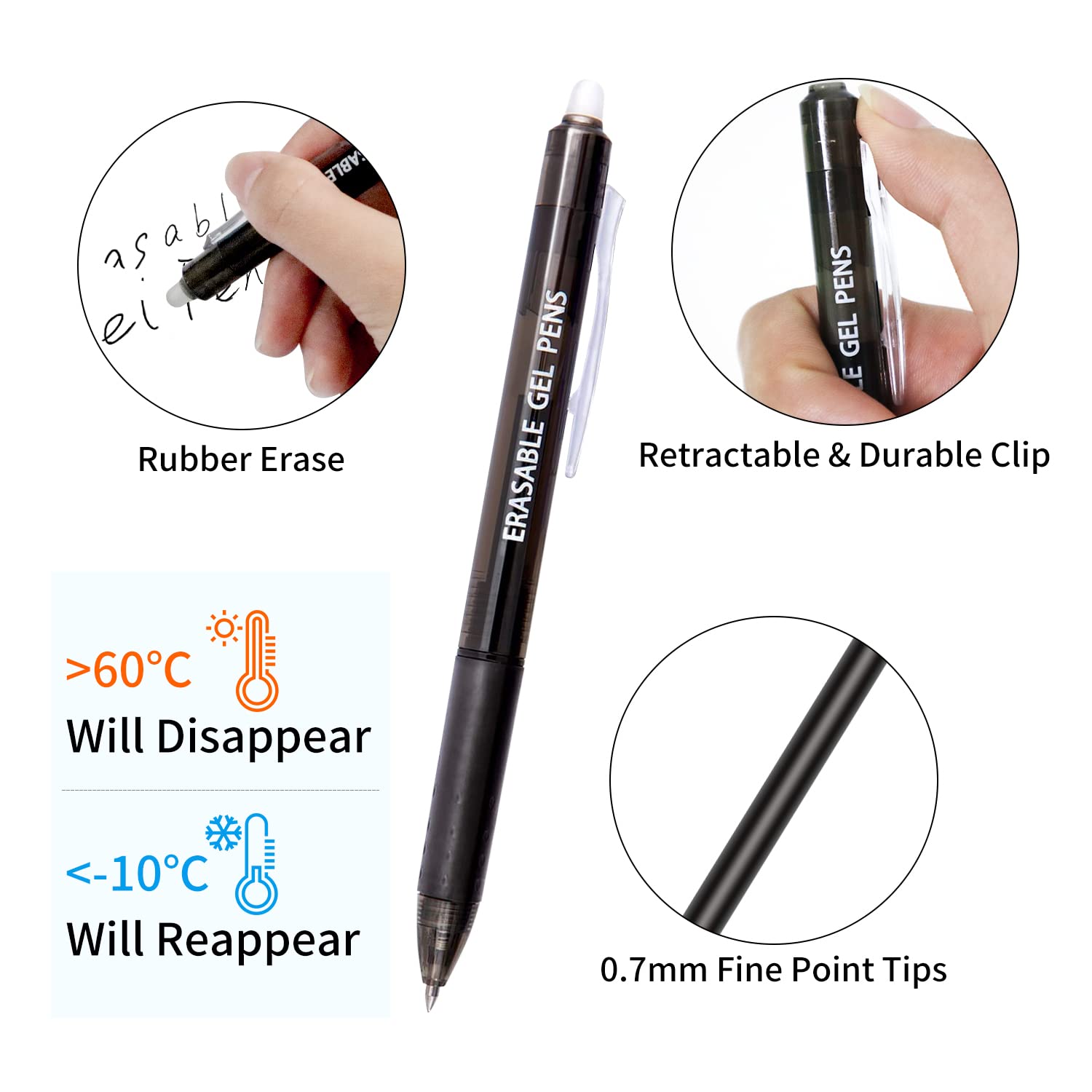 Vitoler 10 Pack Erasable Gel Pens, 0.7 mm Fine Point Retractable Pens, Black Ink Erasable Pens for Completing Sudoku and Crossword Puzzles