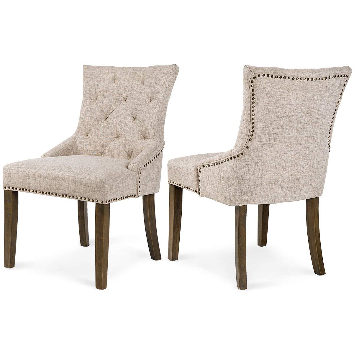 YuiHome Upholstered Dining Leisure Padded Chairs with Armrest and Nailed Trim, (Set of 2),Beige