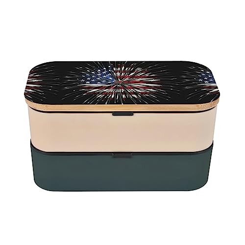 American Flag Firework Premium Bento Lunch Box, 2 Compartments Leakproof Lunch Box With Cutlery For Adults, Microwave & Dishwasher Safe