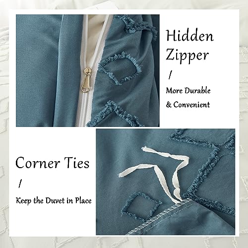 Senville Duvet Cover Queen Size,Blue Tufted Duvet Cover with Jacquard Rhombus Geometric Pattern,3 Pieces Boho Textured Shabby Chic Bedding Set with Zipper Closure for All Season (Denim Blue,Queen)