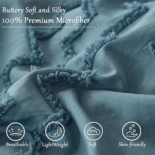 Senville Duvet Cover Queen Size,Blue Tufted Duvet Cover with Jacquard Rhombus Geometric Pattern,3 Pieces Boho Textured Shabby Chic Bedding Set with Zipper Closure for All Season (Denim Blue,Queen)