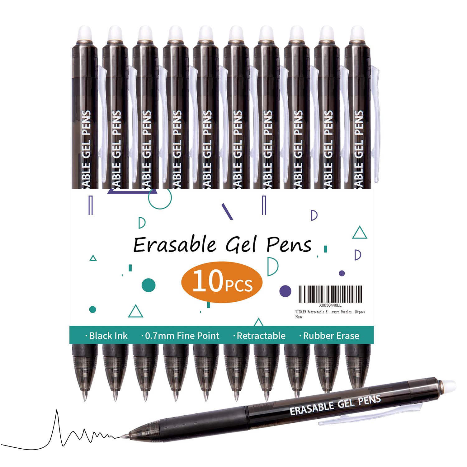 Vitoler 10 Pack Erasable Gel Pens, 0.7 mm Fine Point Retractable Pens, Black Ink Erasable Pens for Completing Sudoku and Crossword Puzzles
