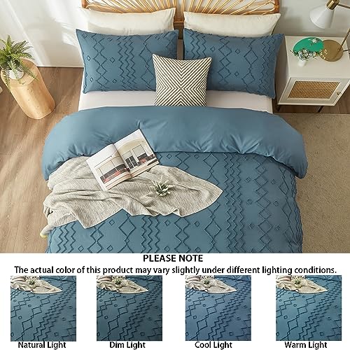 Senville Duvet Cover Queen Size,Blue Tufted Duvet Cover with Jacquard Rhombus Geometric Pattern,3 Pieces Boho Textured Shabby Chic Bedding Set with Zipper Closure for All Season (Denim Blue,Queen)