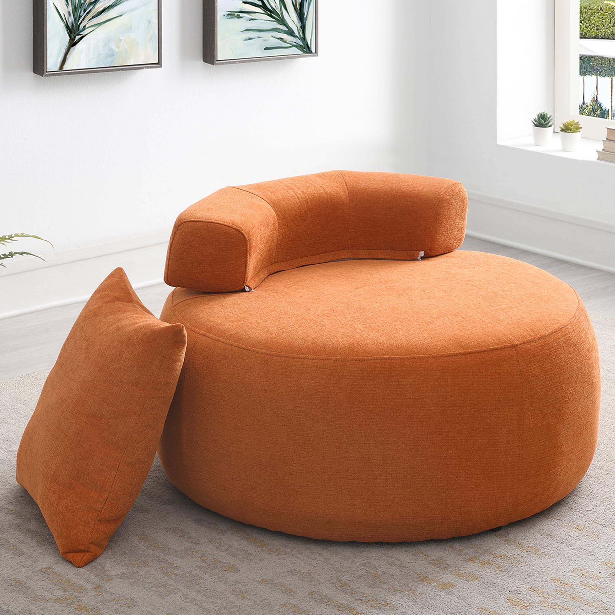 Lepfun 32" Solid Wood Pillow, Easy to Move Modern Chenille Reading Chair, High-Stretch Round Sofa for Bedroom, Living Room, Lounge, Hotel, Orange