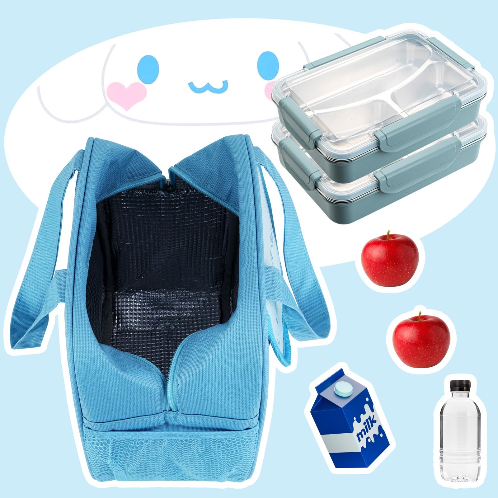 Roffatide Anime Cinnamoroll Big Ear Lunch Bag for Man Woman Leakproof Lunch Box Large Compartment Heat Preservation for Cold Two Applicable Lunch Container Tote for Work Travel Blue