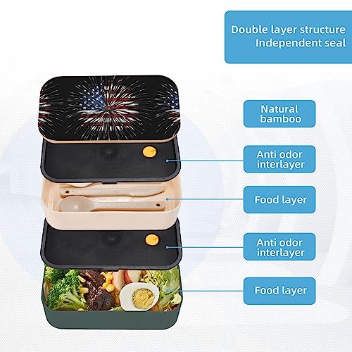 American Flag Firework Premium Bento Lunch Box, 2 Compartments Leakproof Lunch Box With Cutlery For Adults, Microwave & Dishwasher Safe