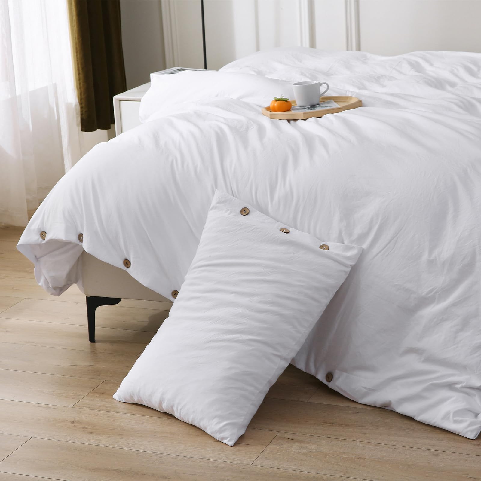 APSMILE Solid White Duvet Cover Set Queen Size, 3 Pieces with 1 Duvet Cover 90x90 Inches and 2 Shams (No Comforter), Soft Brushed Washed Cotton-Like Duvet Cover with Button Closure
