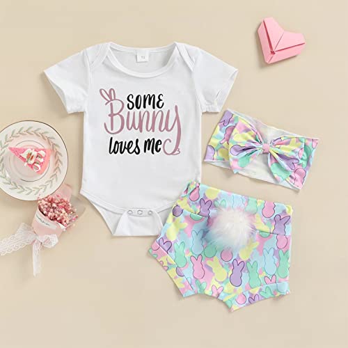 Infant Baby Easter Bunny Shorts 3 Piece, Short Sleeve Romper/Tops Rabbit Pattern Printed Elastic Waist Shorts with Headband