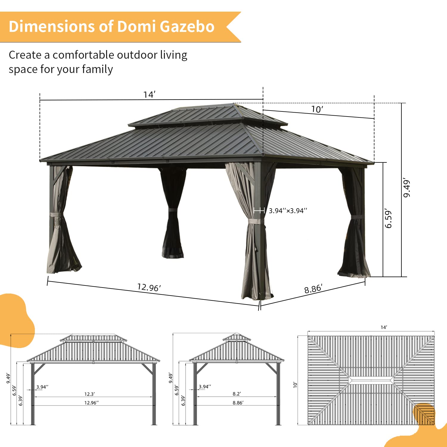 Domi 10' x 14' Hardtop Gazebo Permanent Metal Gazebo with Galvanized Steel Double Roof, Curtains and Netting for Outdoor Dining, Party, Patio, Backyard, Grey