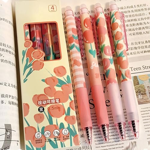 MOZXIRZ 4-in-1 Cute Flower Pens - 0.5mm Fine Point, Retractable, Erasable, Pink Ink for Office, School, Women & Girls
