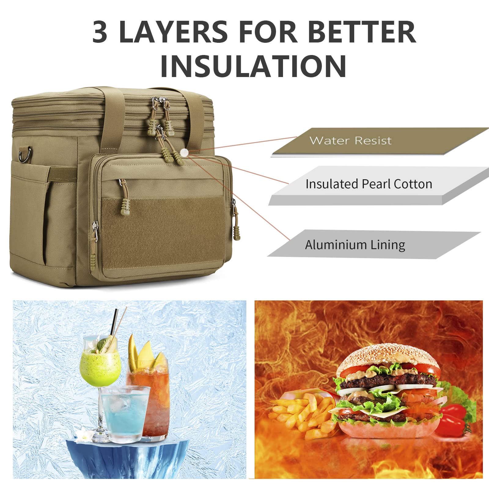 Gafetrey Large Tactical Lunch Box for Men, Insulated Lunch Bag Adult, Thermal Lunchbox Leakproof Waterproof Cooler Bag, Dual Compartment Lunch tote, Large Lunch Pail for Work Office Camping 24L