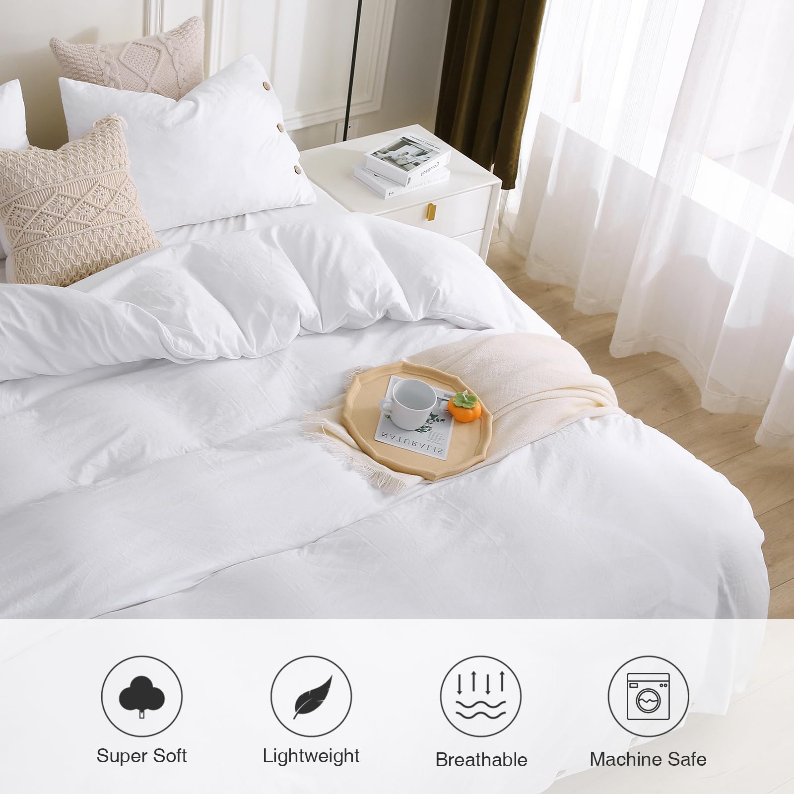 APSMILE Solid White Duvet Cover Set Queen Size, 3 Pieces with 1 Duvet Cover 90x90 Inches and 2 Shams (No Comforter), Soft Brushed Washed Cotton-Like Duvet Cover with Button Closure