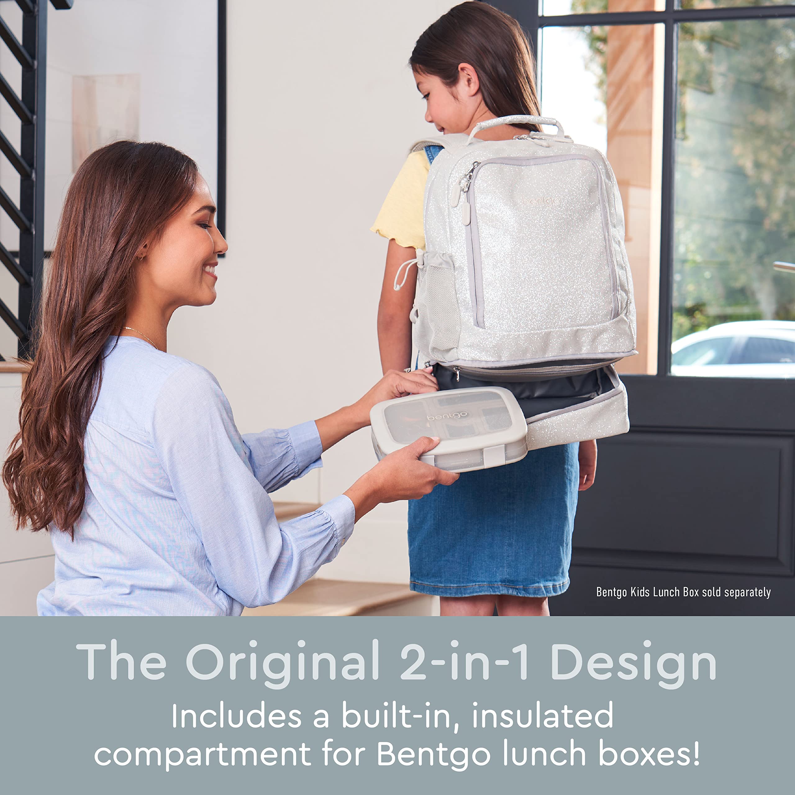 Bentgo® Kids 5-Compartment Lunch Box Set With Insulated Lunch Bag and 2-in-1 Backpack & Insulated Lunch Bag (Glitter Edition - Silver)