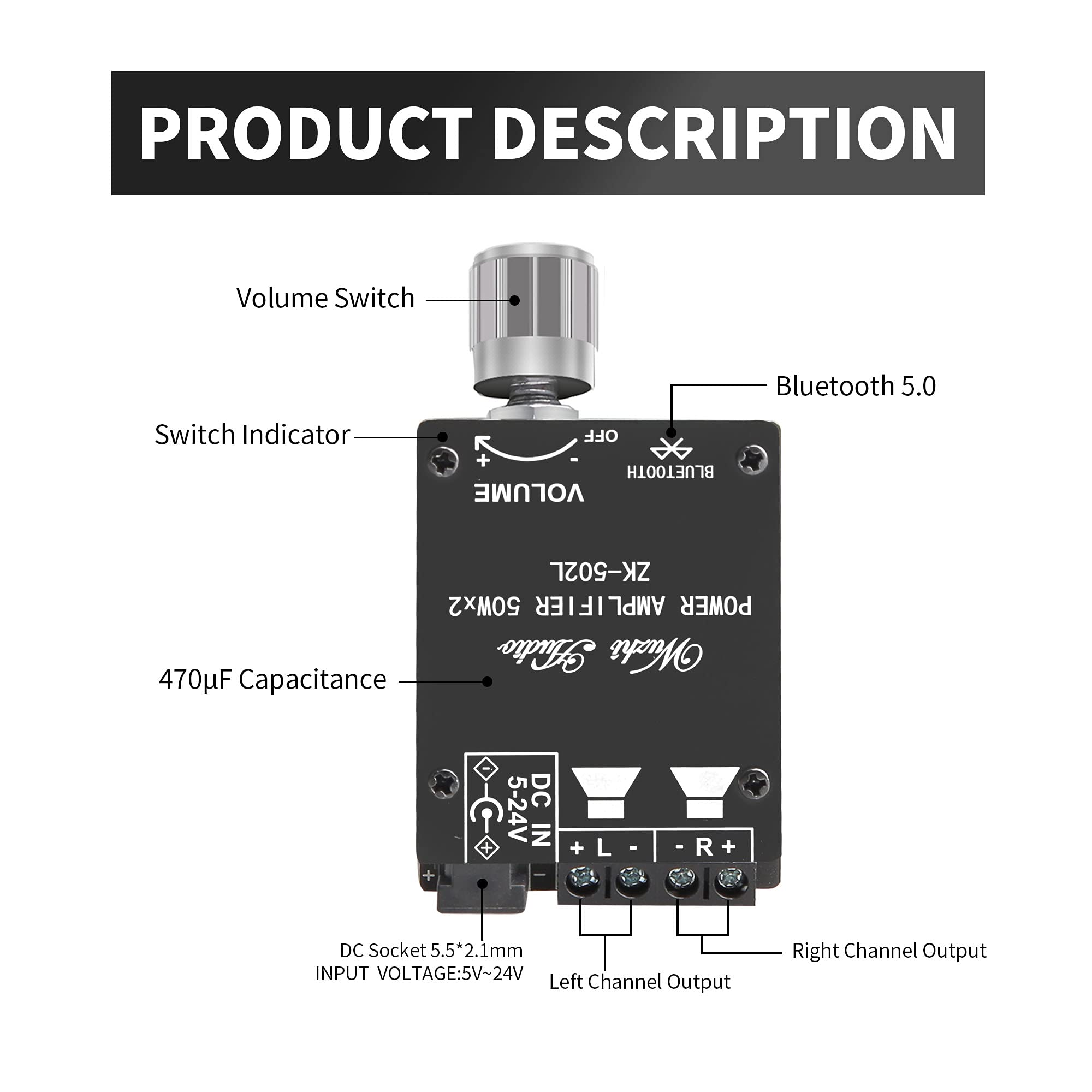 UWAYKEY Mini Bluetooth Amplifier Board Class D AMP Module for DIY Wireless Speaker (ZK-502L)
