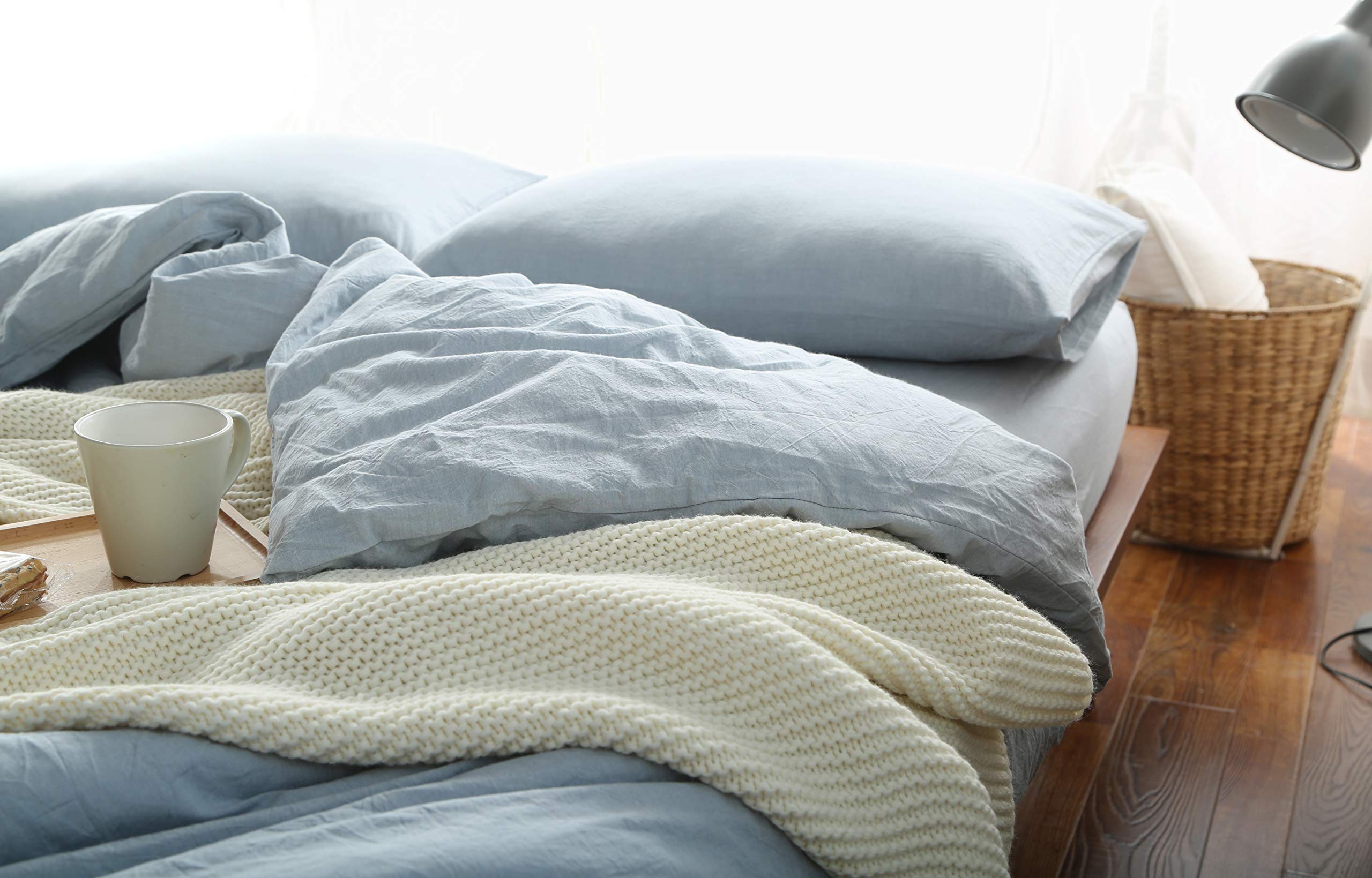 F.Y.Dreams 100% Washed Cotton Duvet Cover for Weighted Blanket 48x72 inches with 8 Ties, Zipper on Long Side/Light Blue/Just Duvet Cover