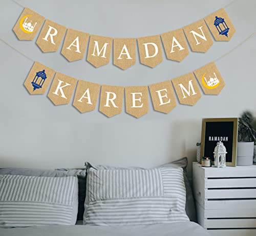 JKQ Ramadan Kareem Burlap Banner with Lantern Moon Castle Signs Muslim Ramadan Mubarak Bunting Banner Islamic Eid Mubarak Festival Celebration Party Hanging Decorations for Home Mantle Wall
