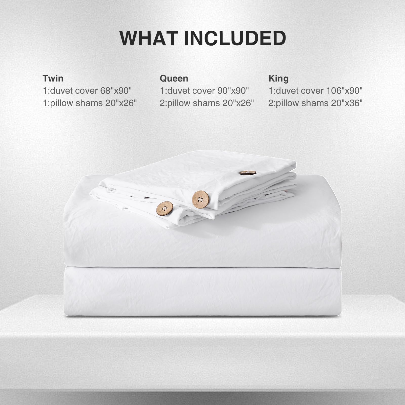 APSMILE Solid White Duvet Cover Set Queen Size, 3 Pieces with 1 Duvet Cover 90x90 Inches and 2 Shams (No Comforter), Soft Brushed Washed Cotton-Like Duvet Cover with Button Closure