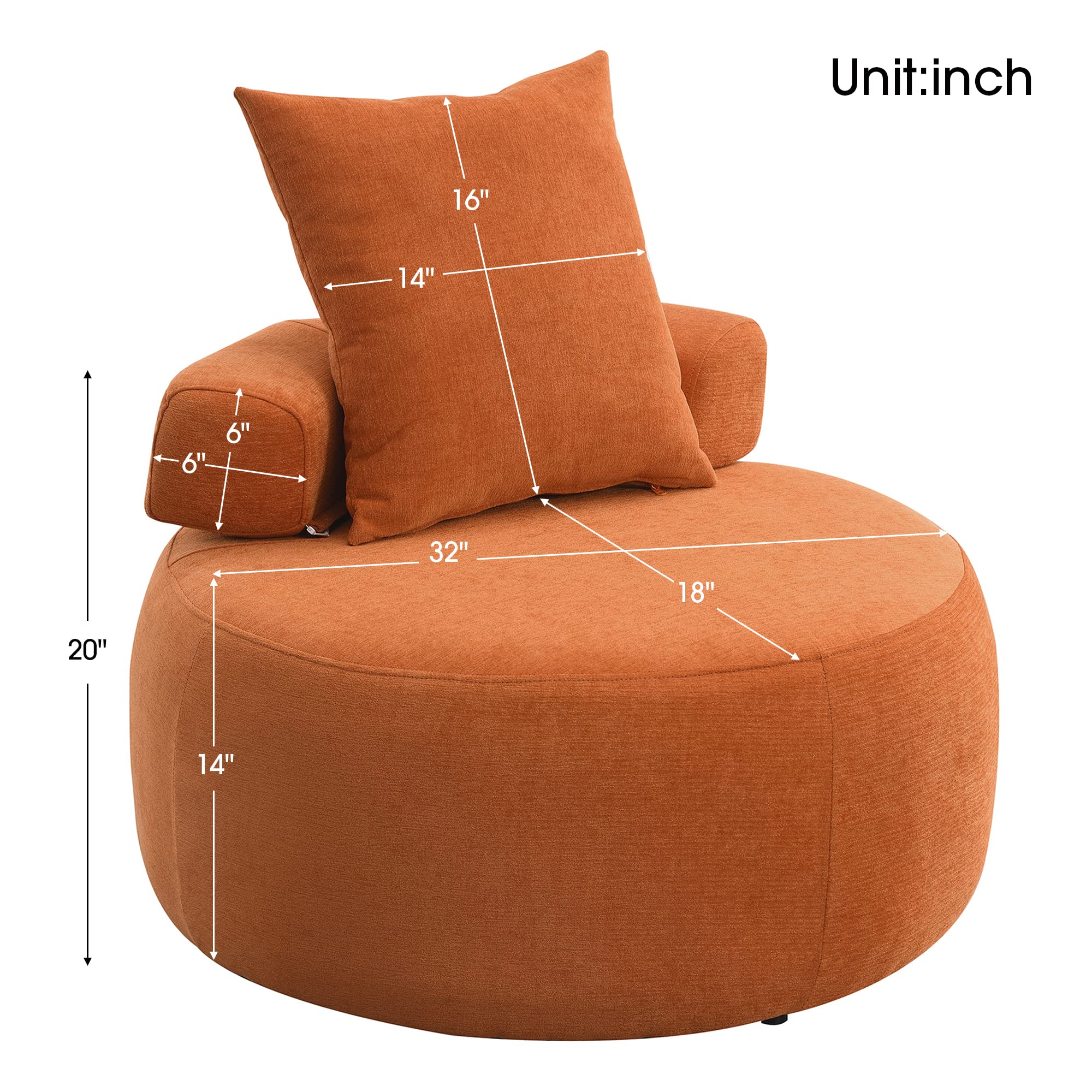 Lepfun 32" Solid Wood Pillow, Easy to Move Modern Chenille Reading Chair, High-Stretch Round Sofa for Bedroom, Living Room, Lounge, Hotel, Orange