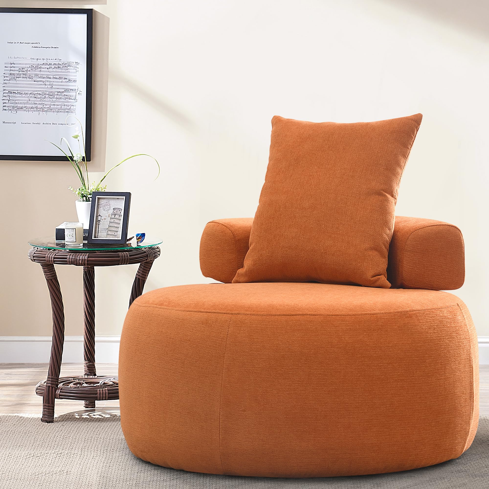 Lepfun 32" Solid Wood Pillow, Easy to Move Modern Chenille Reading Chair, High-Stretch Round Sofa for Bedroom, Living Room, Lounge, Hotel, Orange