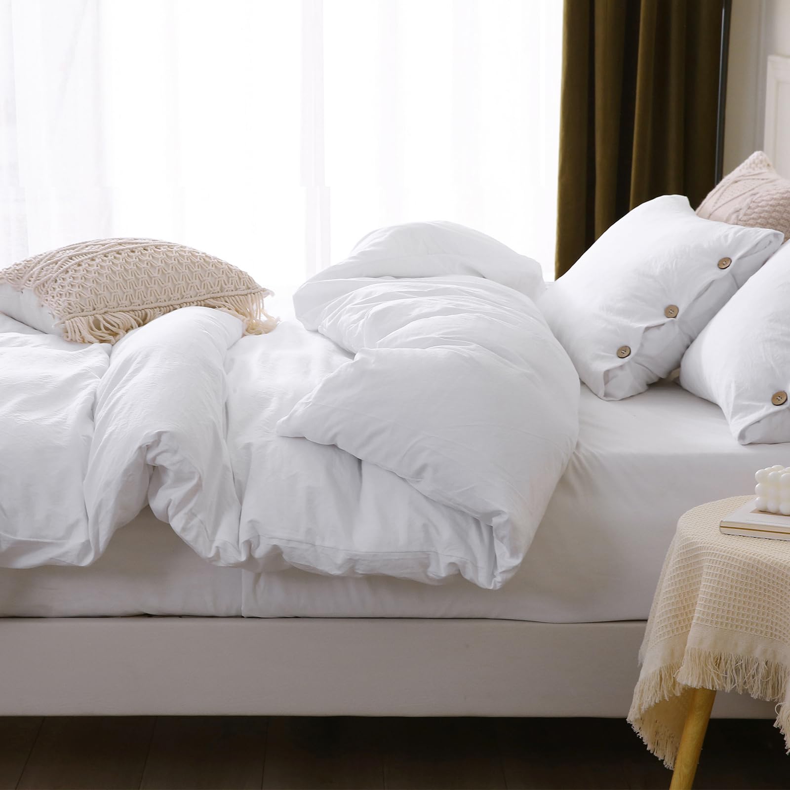 APSMILE Solid White Duvet Cover Set Queen Size, 3 Pieces with 1 Duvet Cover 90x90 Inches and 2 Shams (No Comforter), Soft Brushed Washed Cotton-Like Duvet Cover with Button Closure