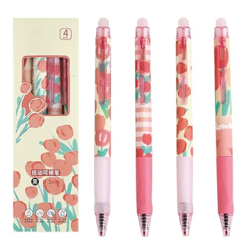 MOZXIRZ 4-in-1 Cute Flower Pens - 0.5mm Fine Point, Retractable, Erasable, Pink Ink for Office, School, Women & Girls