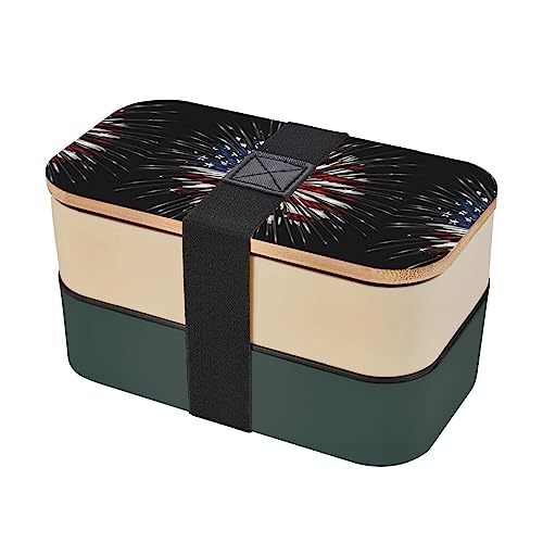 American Flag Firework Premium Bento Lunch Box, 2 Compartments Leakproof Lunch Box With Cutlery For Adults, Microwave & Dishwasher Safe