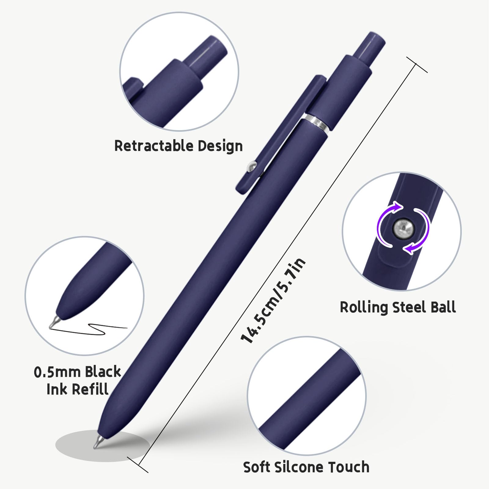 UIXJODO Gel Pens, 5 Pcs 0.5mm Black Ink Pens Fine Point Smooth Writing Pens with Silicone Grip, High-End Series Metal Clip Retractable Pens for Journaling Note Taking (Vintage)