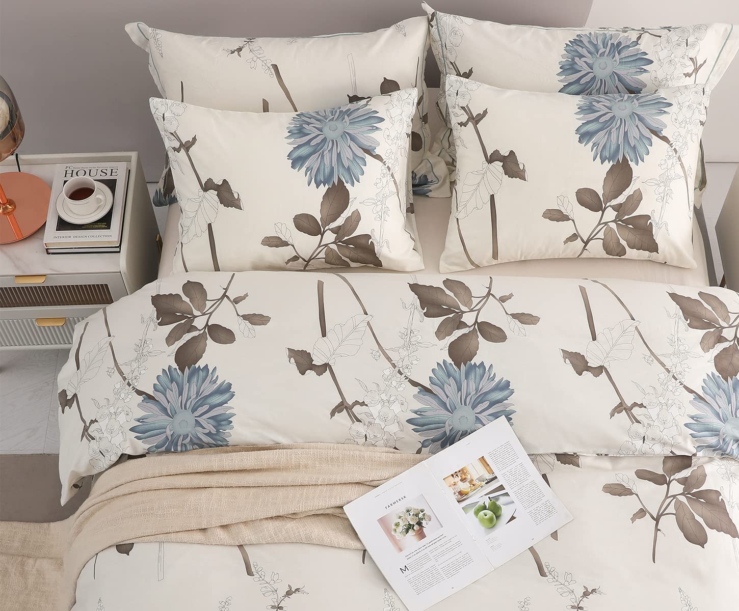 SLEEPBELLA Duvet Cover Queen Size, 600 Thread Count Cotton Botanical Flowers Pattern Printed Reversible Comforter Cover